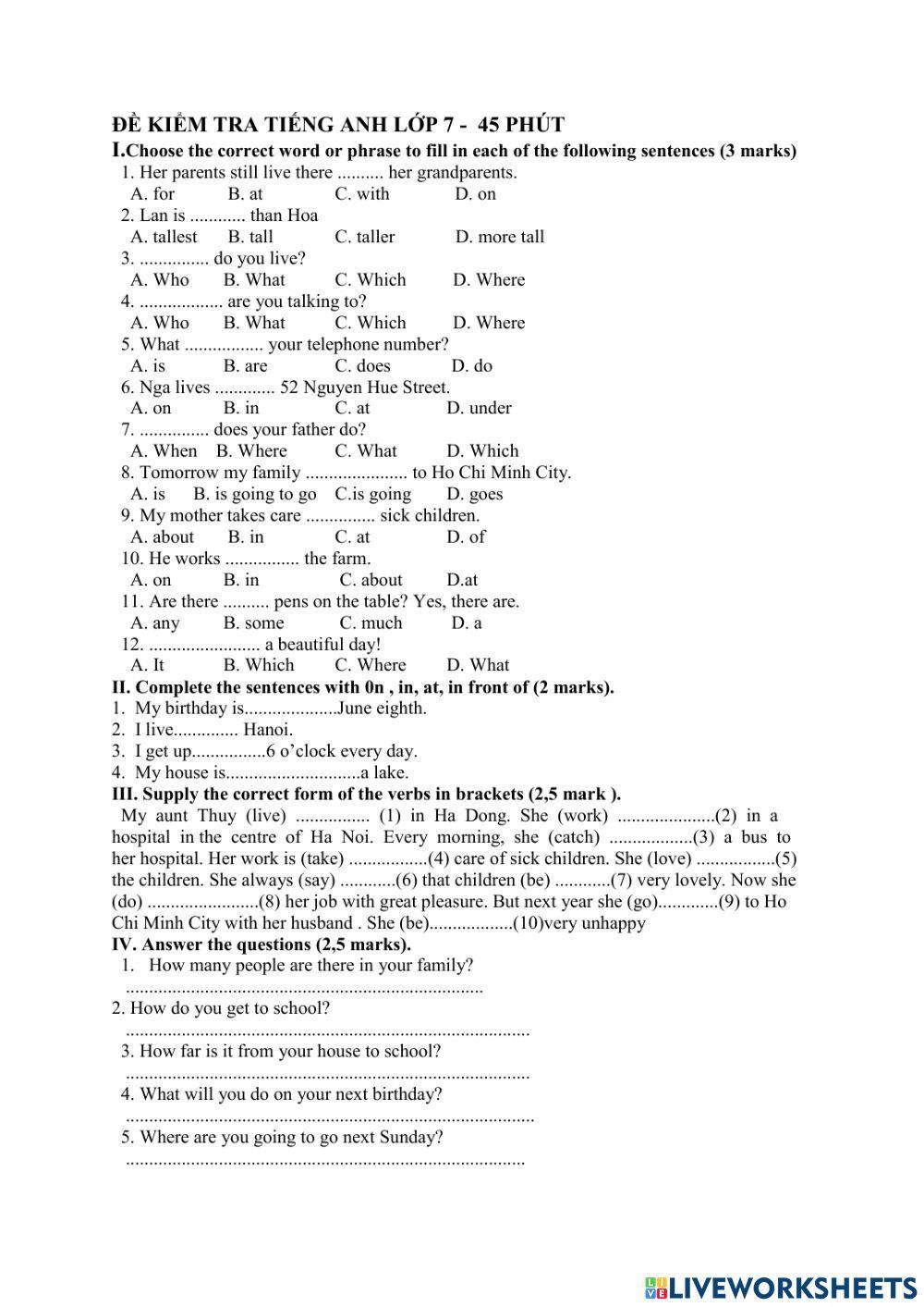 Test for grade 7th worksheet | Live Worksheets