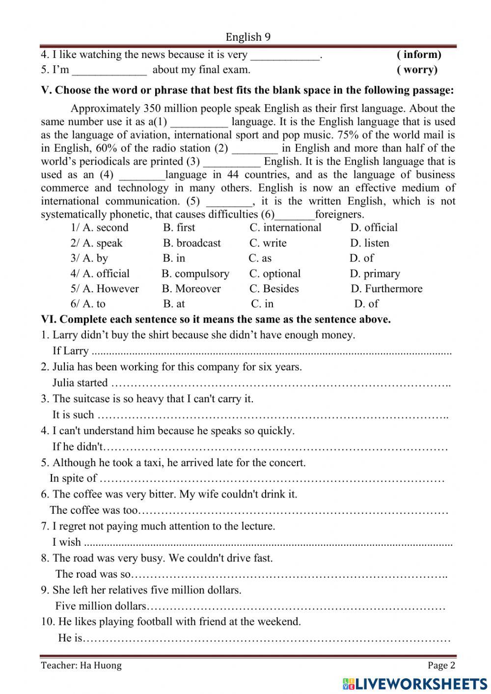 English worksheet worksheet for Grade 9 | Live Worksheets