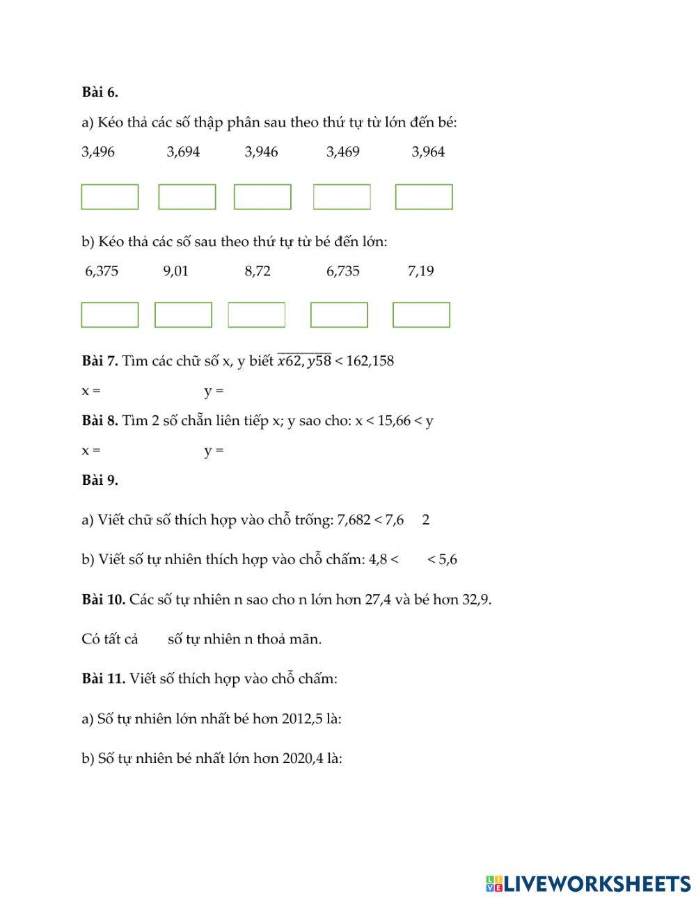 Lớp T7.5G3 - BTVN Buổi 12 - Số thập phân interactive worksheet | Live ...