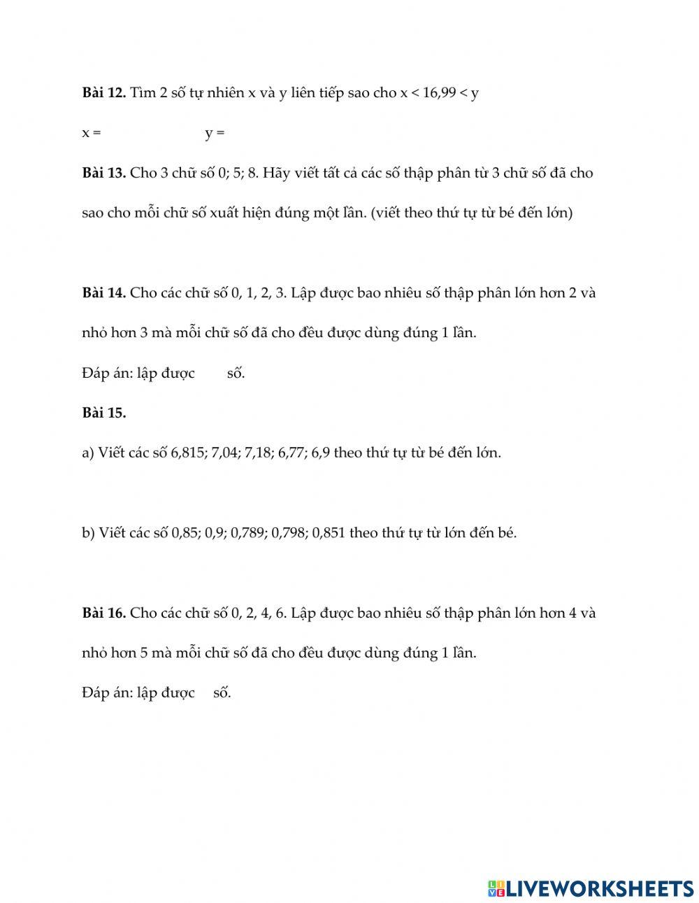 Lớp T7.5G3 - BTVN Buổi 12 - Số thập phân interactive worksheet | Live ...