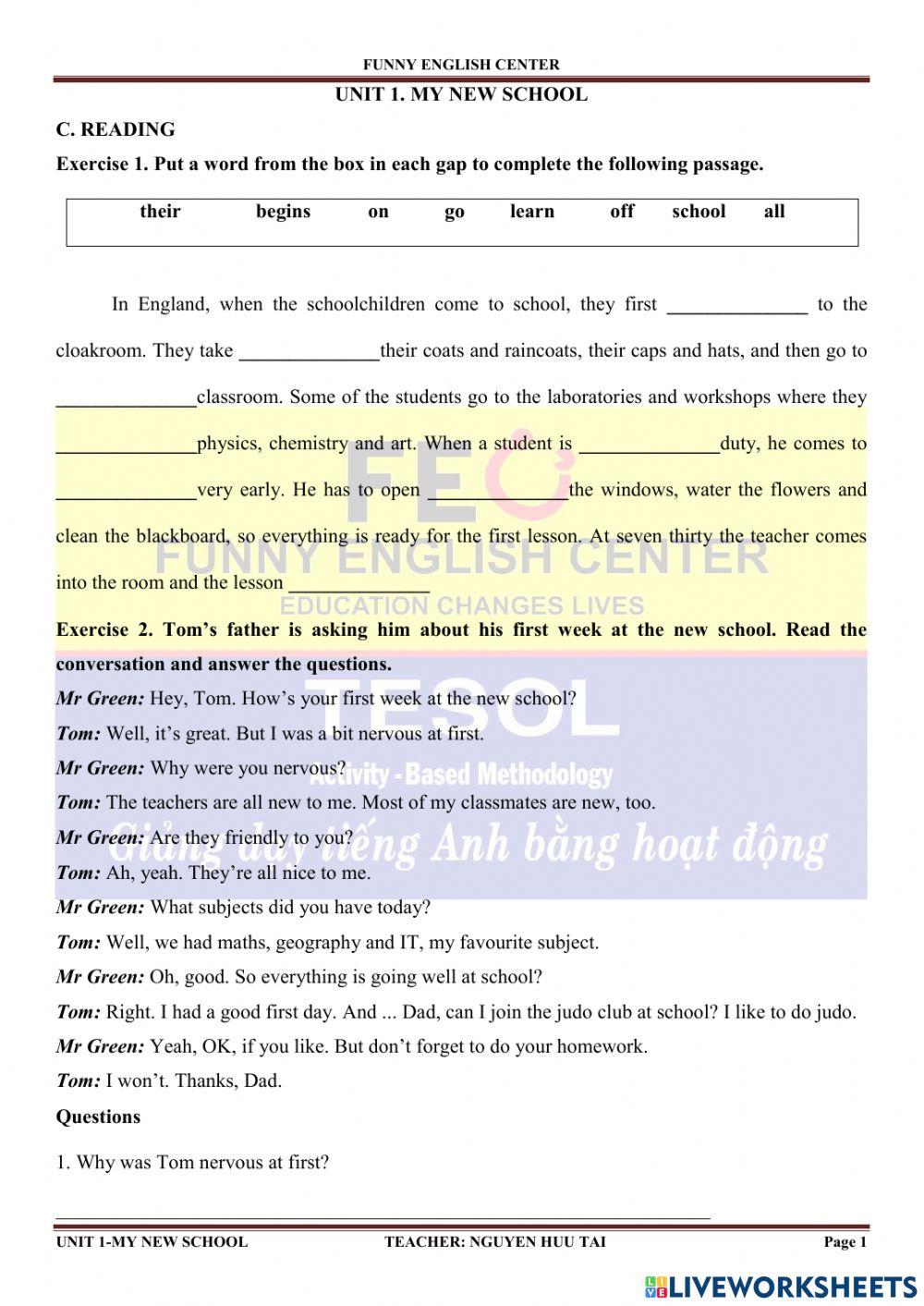 E.6-Unit 1-Reading worksheet | Live Worksheets