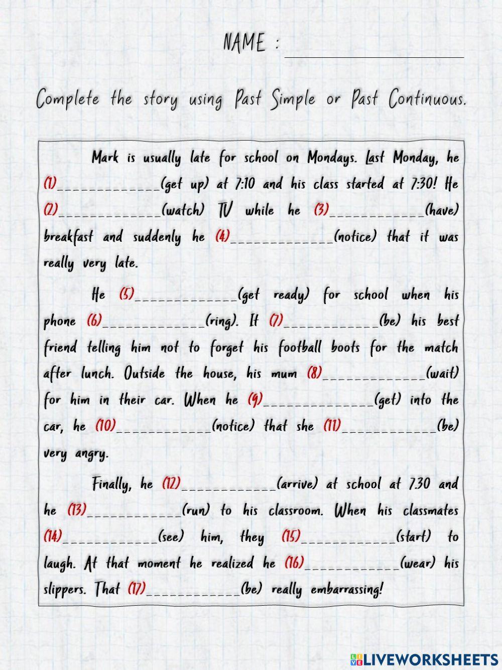 Simple past and past continuous interactive exercise for FORM 1-5 ...