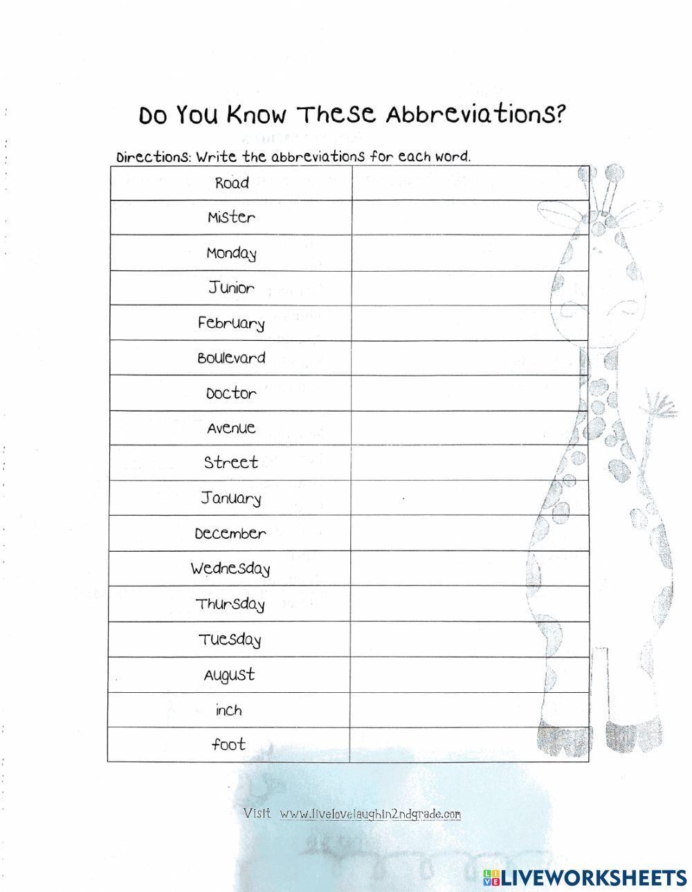 Abbreviations | Free Interactive Worksheets | 1350889