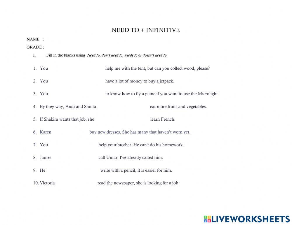 Need to + Infinitive online exercise for | Live Worksheets