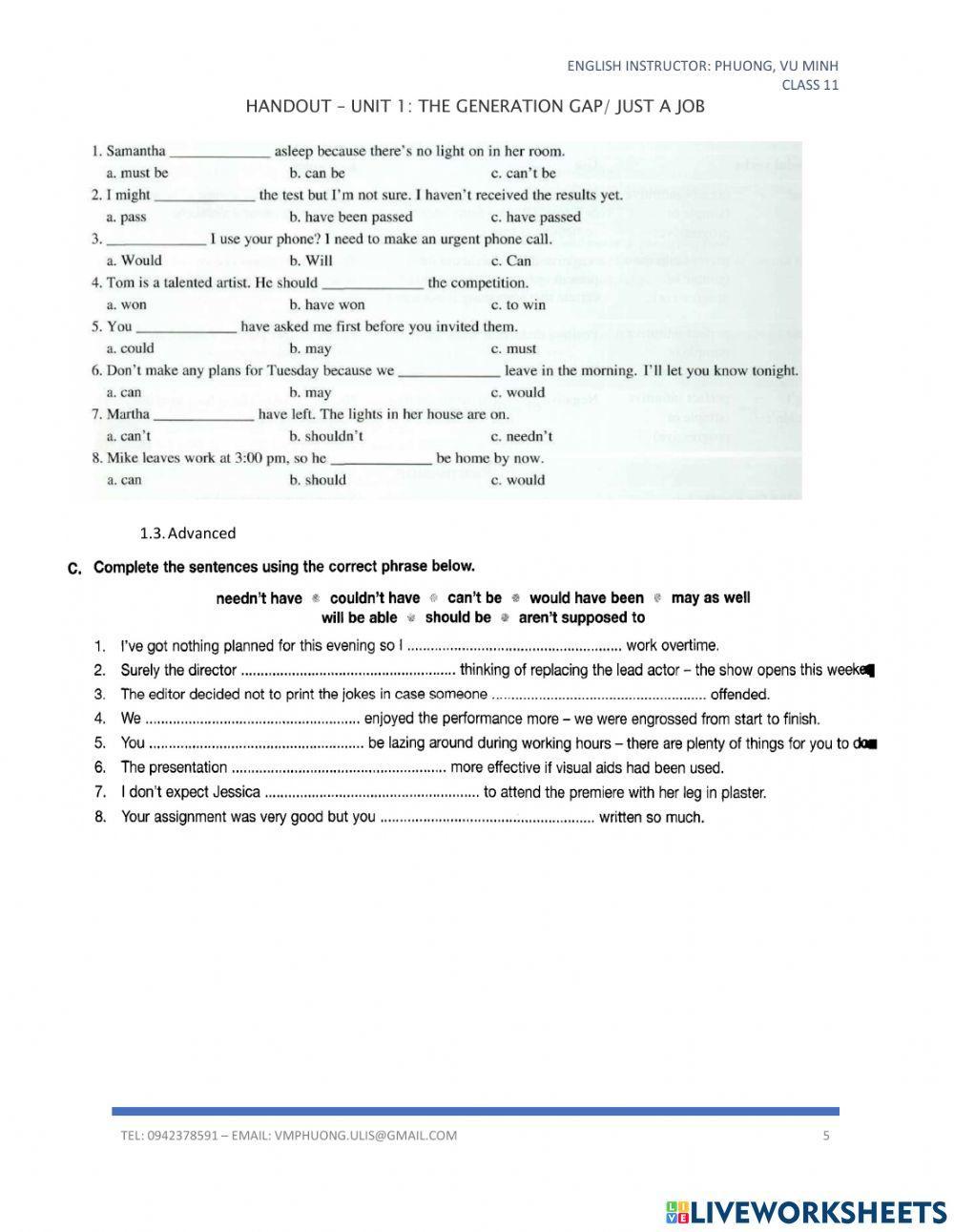 Handout in class 11 - modal verbs worksheet | Live Worksheets