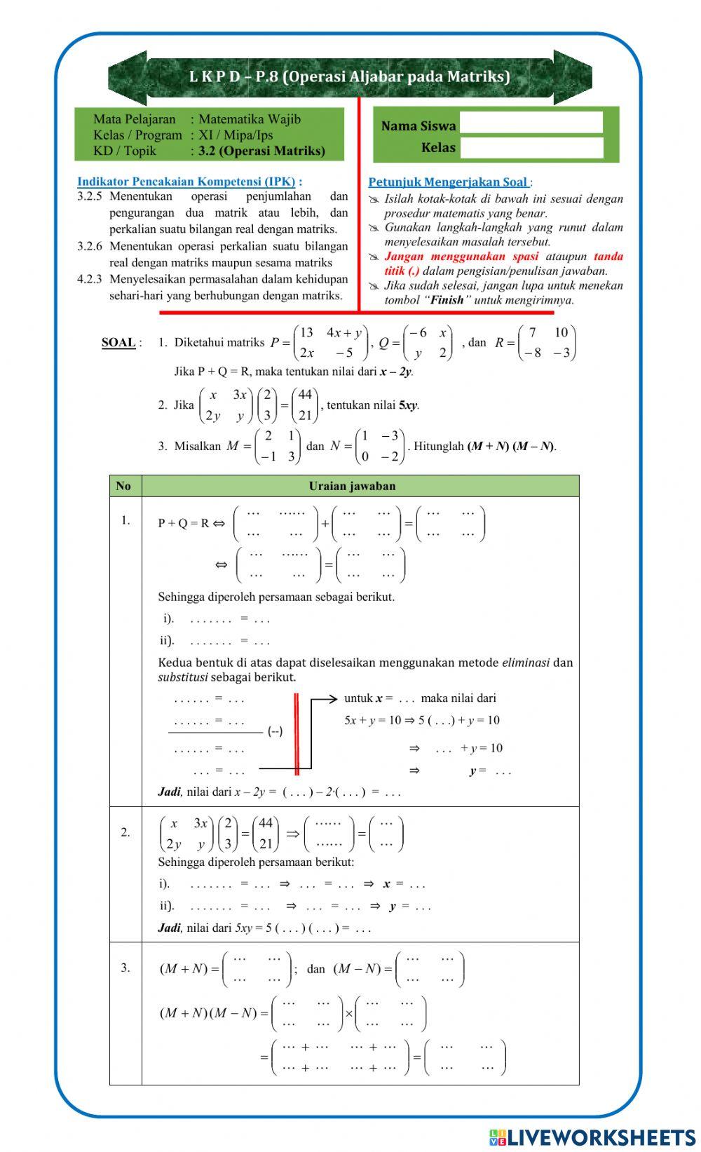 LKPD Operasi Ma… | Free Interactive Worksheets | 1352133