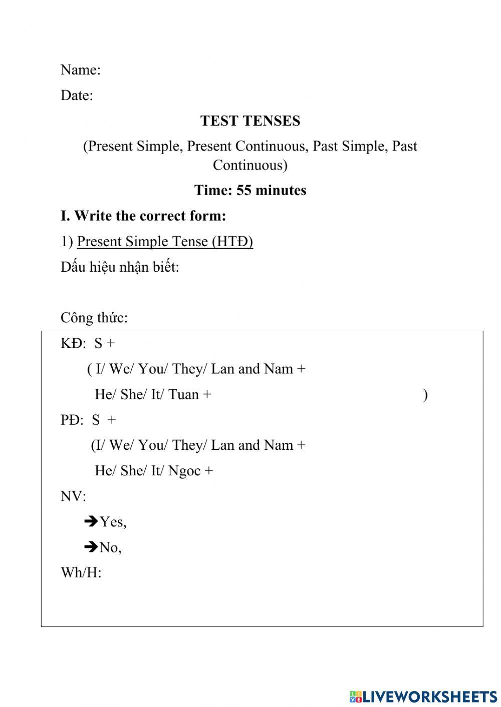 Tense online pdf worksheet | Live Worksheets