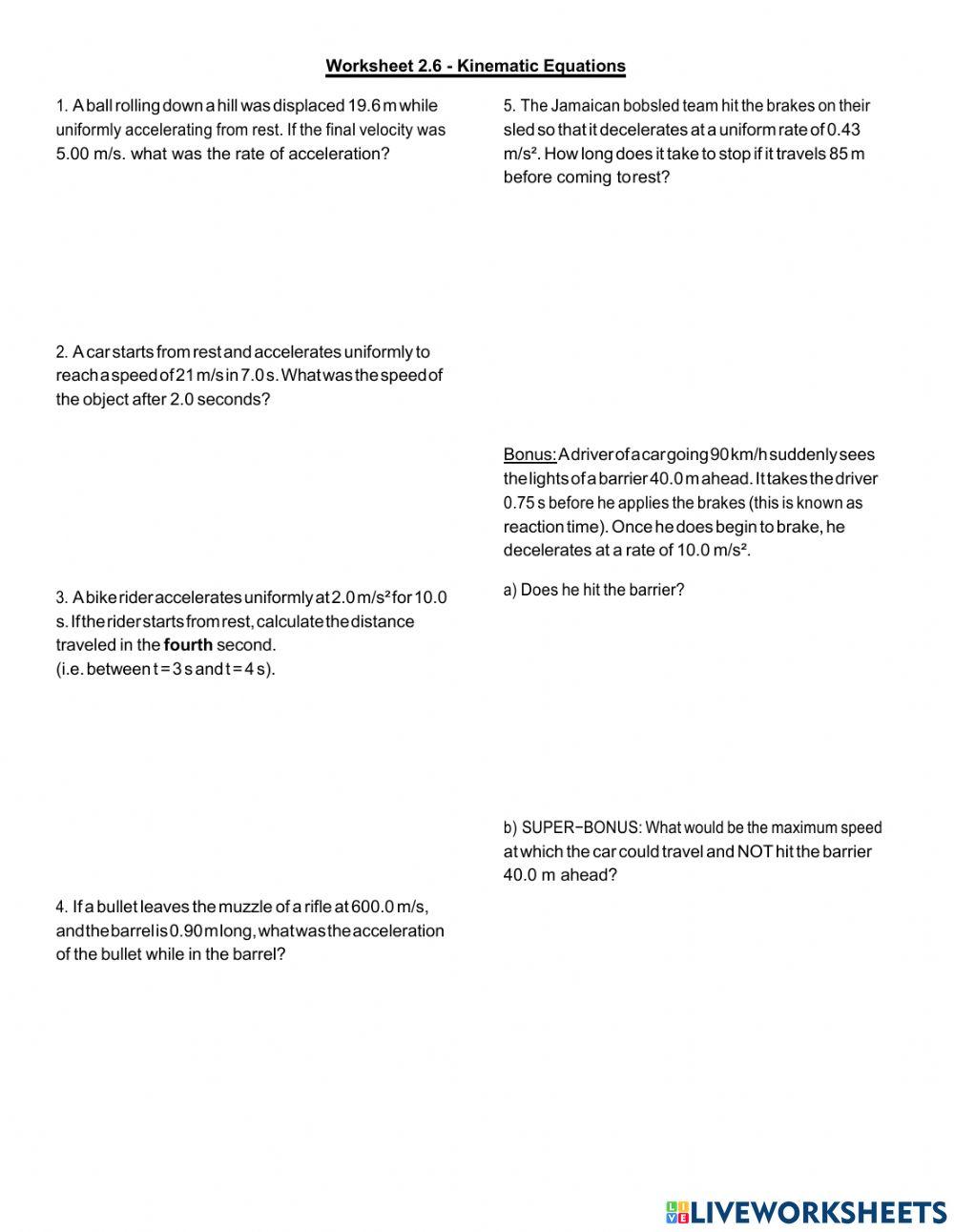 Equations Of Motion Suvat Worksheet Mastering Linear Motion