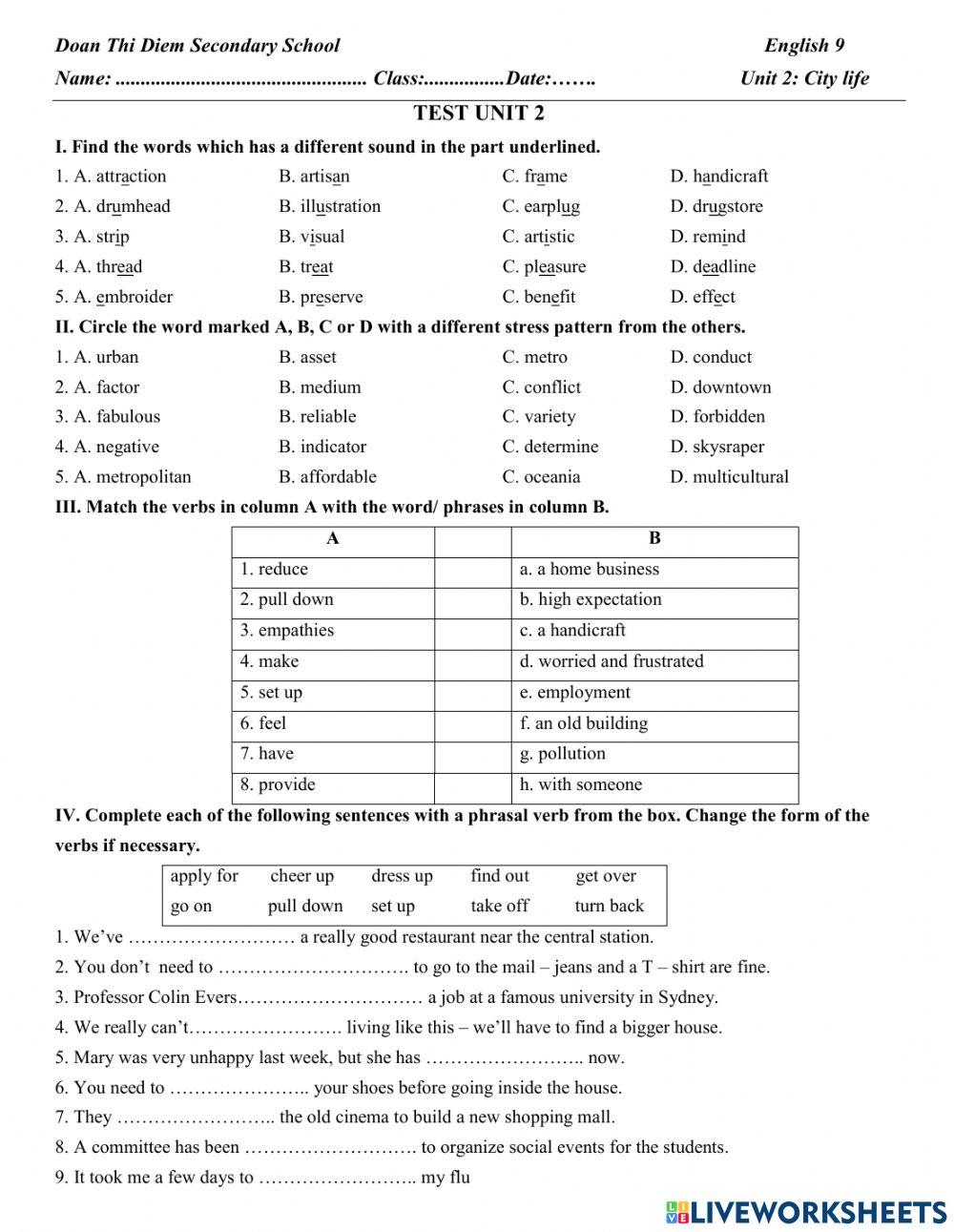Mini test 2- Grade 9 worksheet | Live Worksheets