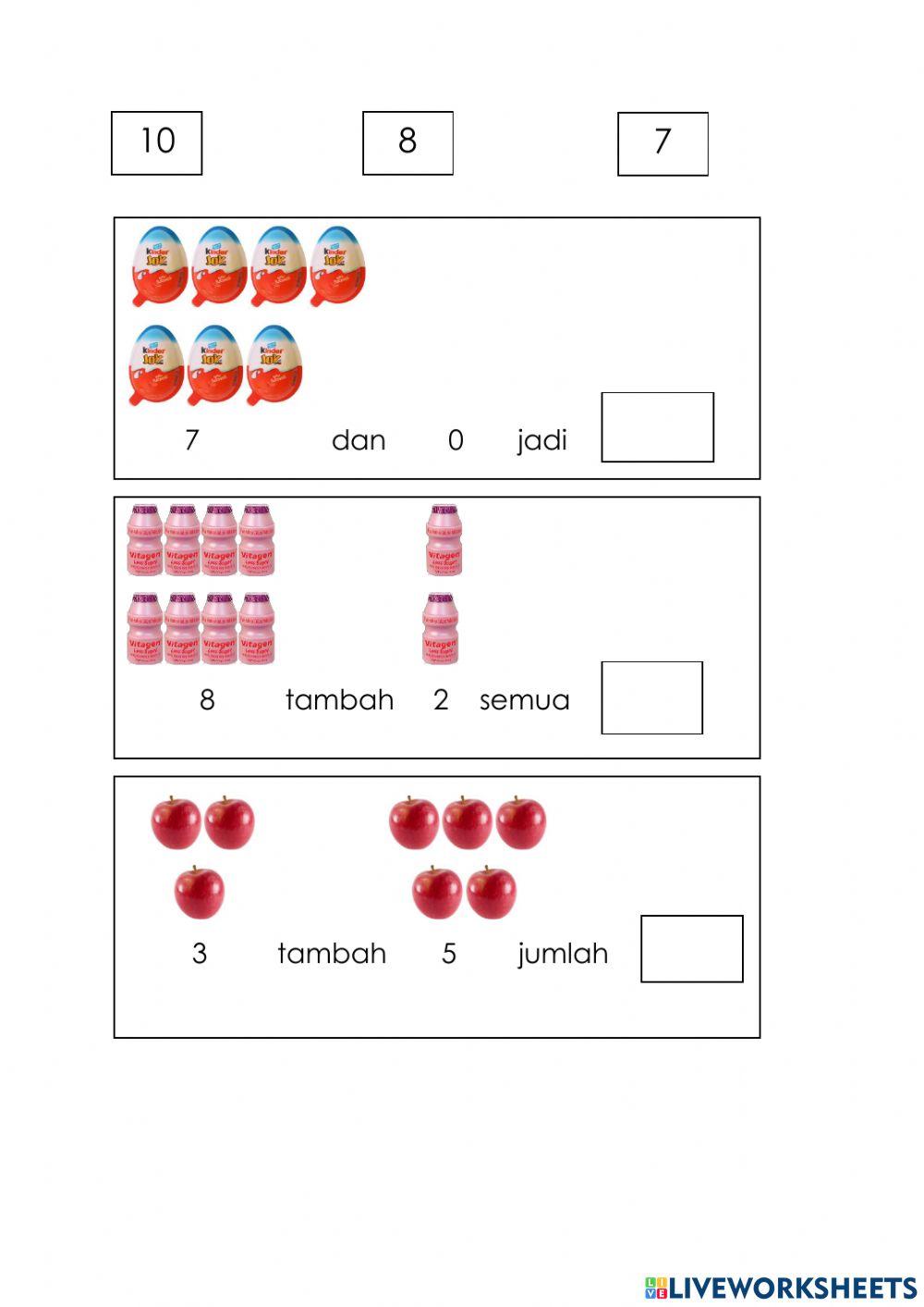 Operasi Tambah online exercise for Tahun 1 | Live Worksheets