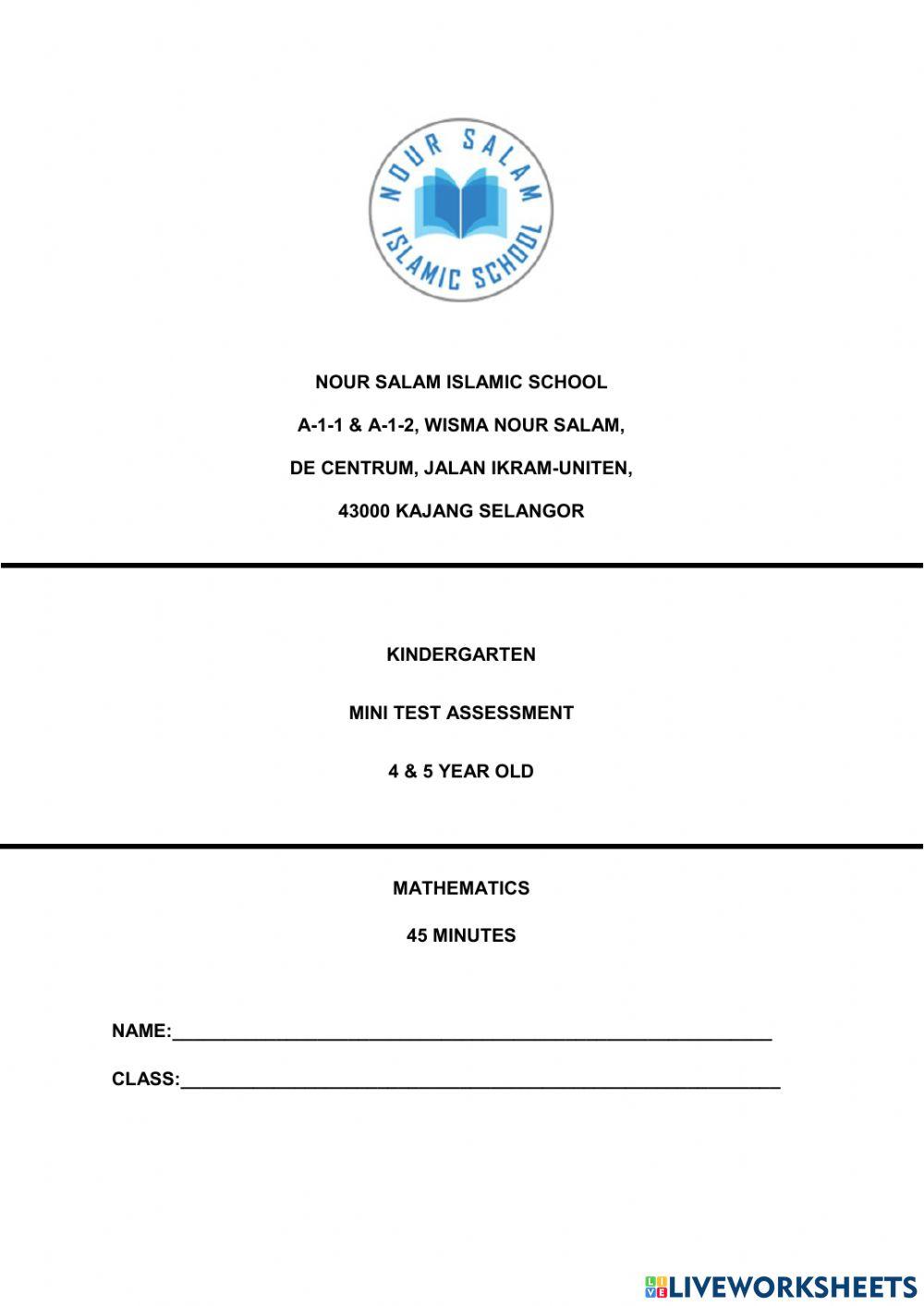 Kindergarten Mini Test Assessment Mathematics (K4K5) online exercise ...