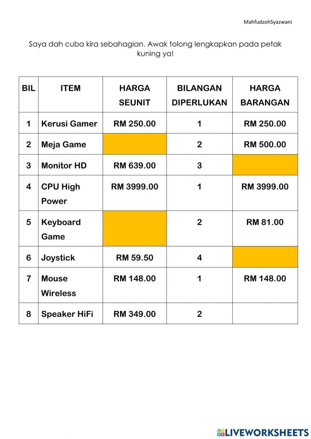 Darab bahagi wang tahun 4 worksheet | Live Worksheets
