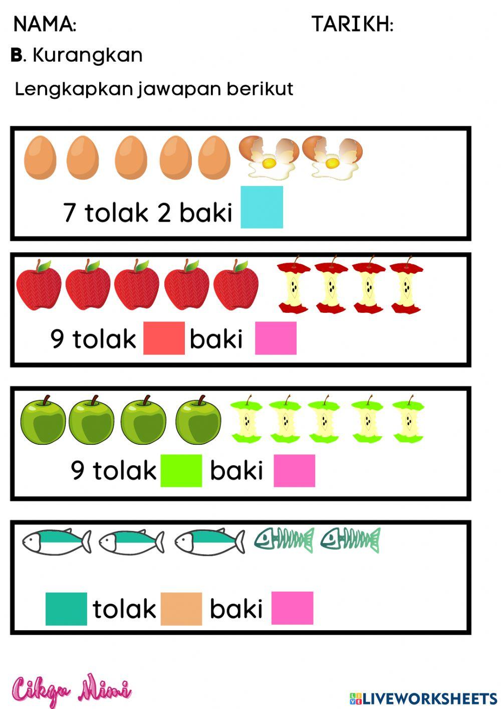 Tolak 1-10 online worksheet | Live Worksheets