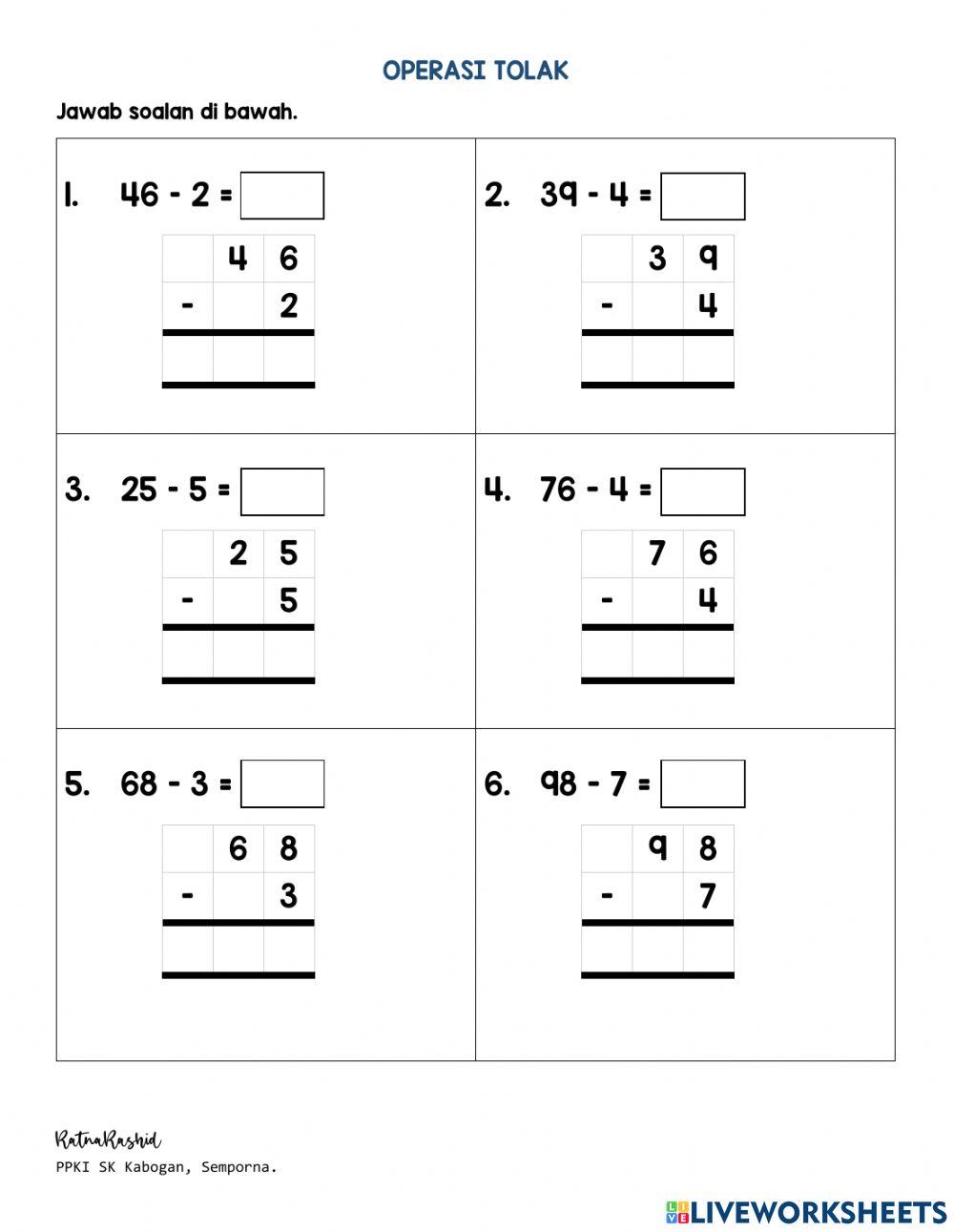 Operasi tolak online exercise for 3 | Live Worksheets