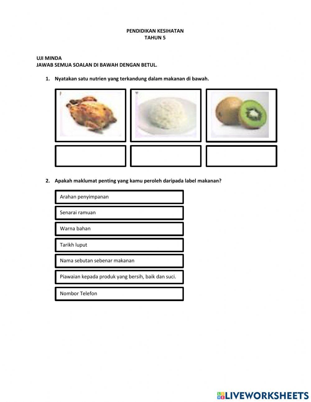 Uji minda nutrien 0518 | cikgu_zach | Live Worksheets