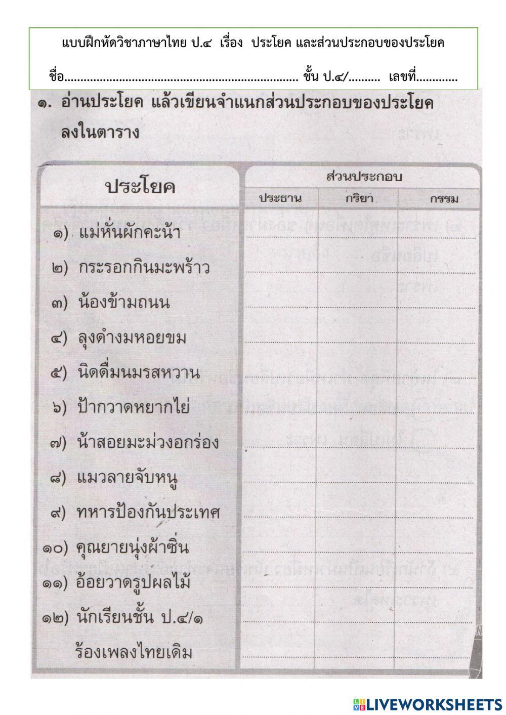 1367677 แบบฝึกหัดเรื่อง ประโยคและส่วนประกอบของประโยค