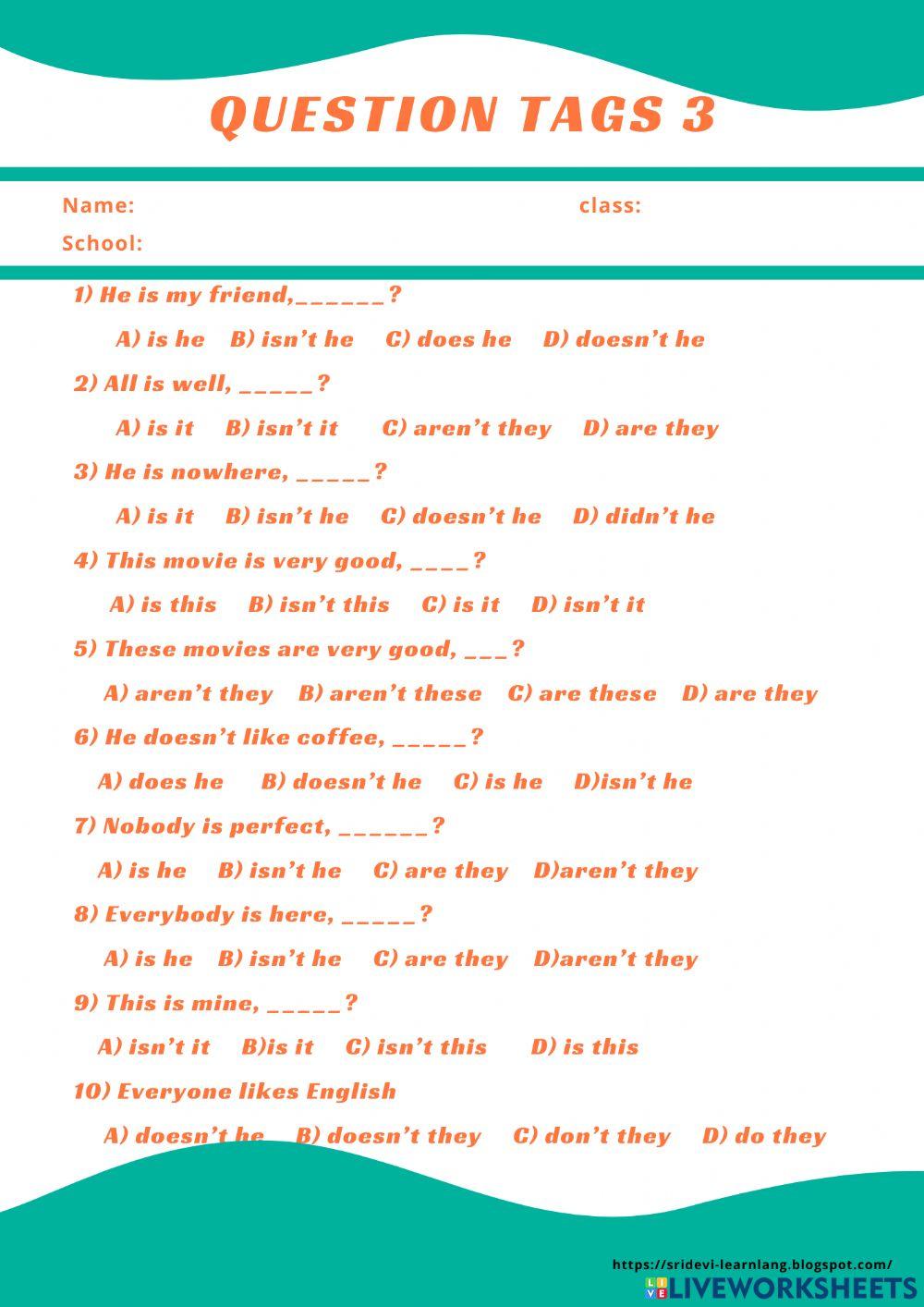 Question Tags 3 interactive worksheet | Live Worksheets