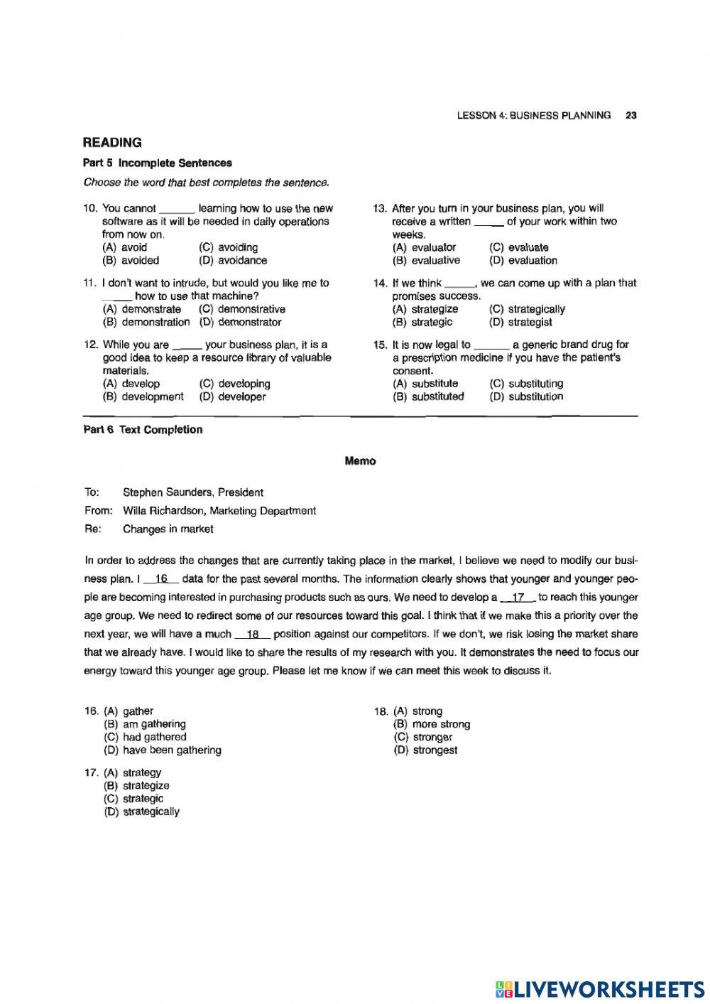 Toeic - Vocab - Unit 4 - Reading Ex worksheet | Live Worksheets