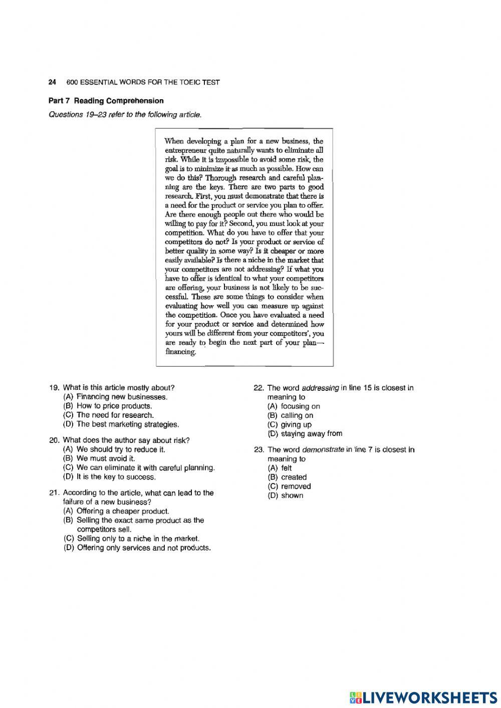 Toeic - Vocab - Unit 4 - Reading Ex worksheet | Live Worksheets