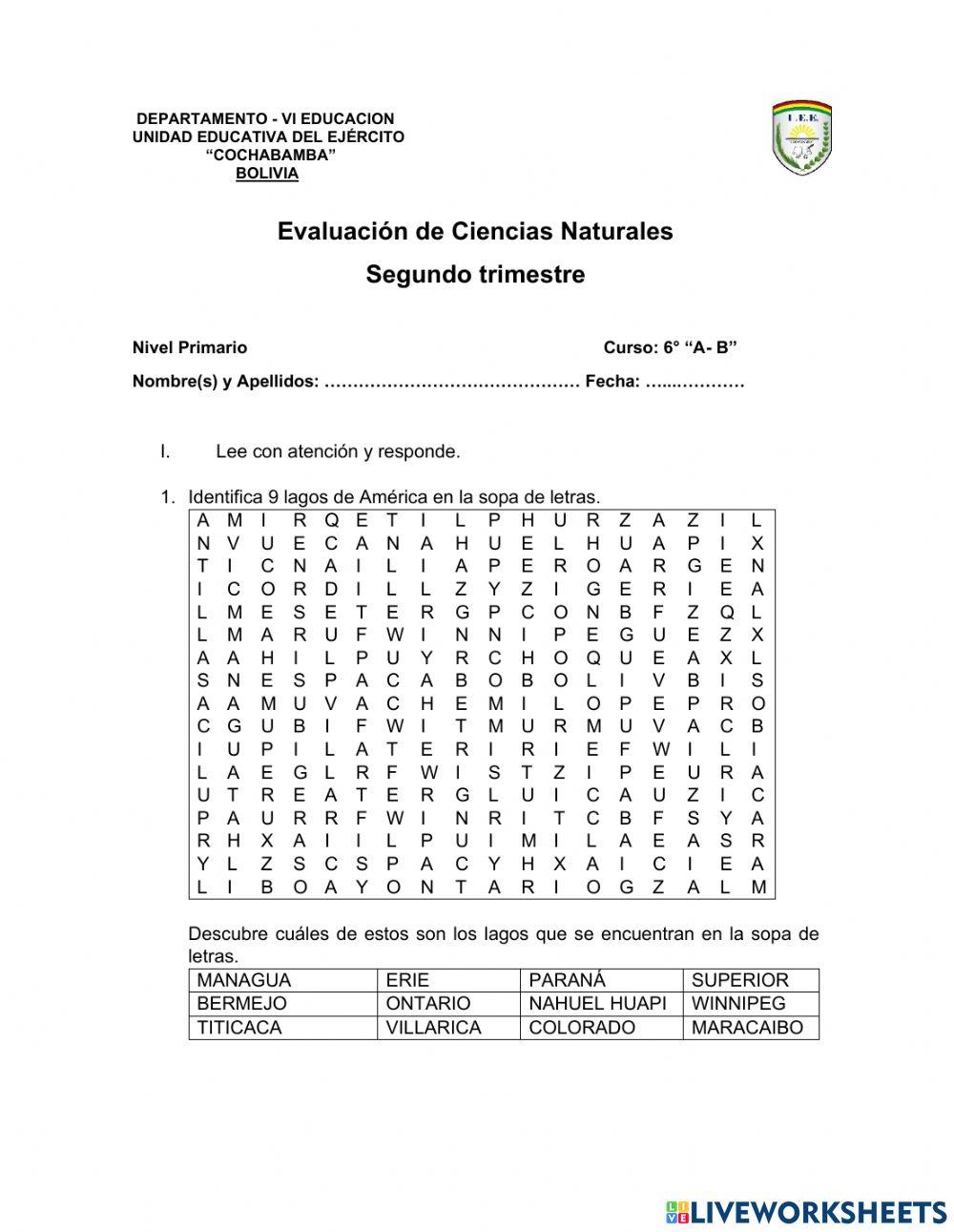 Evaluación de Cs. Naturales - Sopa de letras 1355754