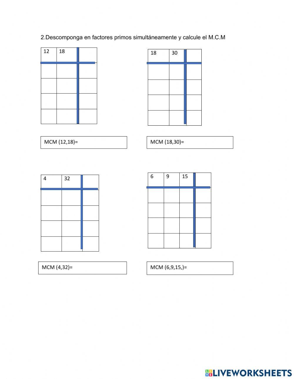 Descomposición y mcm 1356095 | Gelania | Live Worksheets
