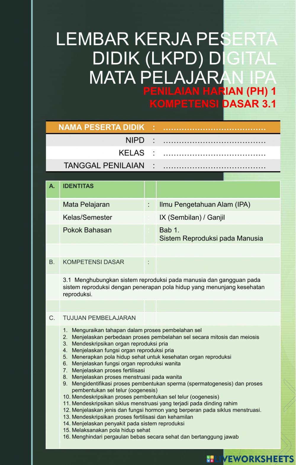 LKPD-Penilaian Harian-KD 3.1-Kls 9 worksheet | Live Worksheets