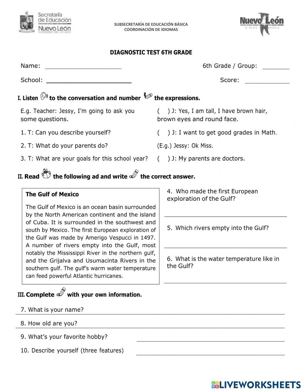 6TH Grade Diagnostic Exam worksheet | Live Worksheets