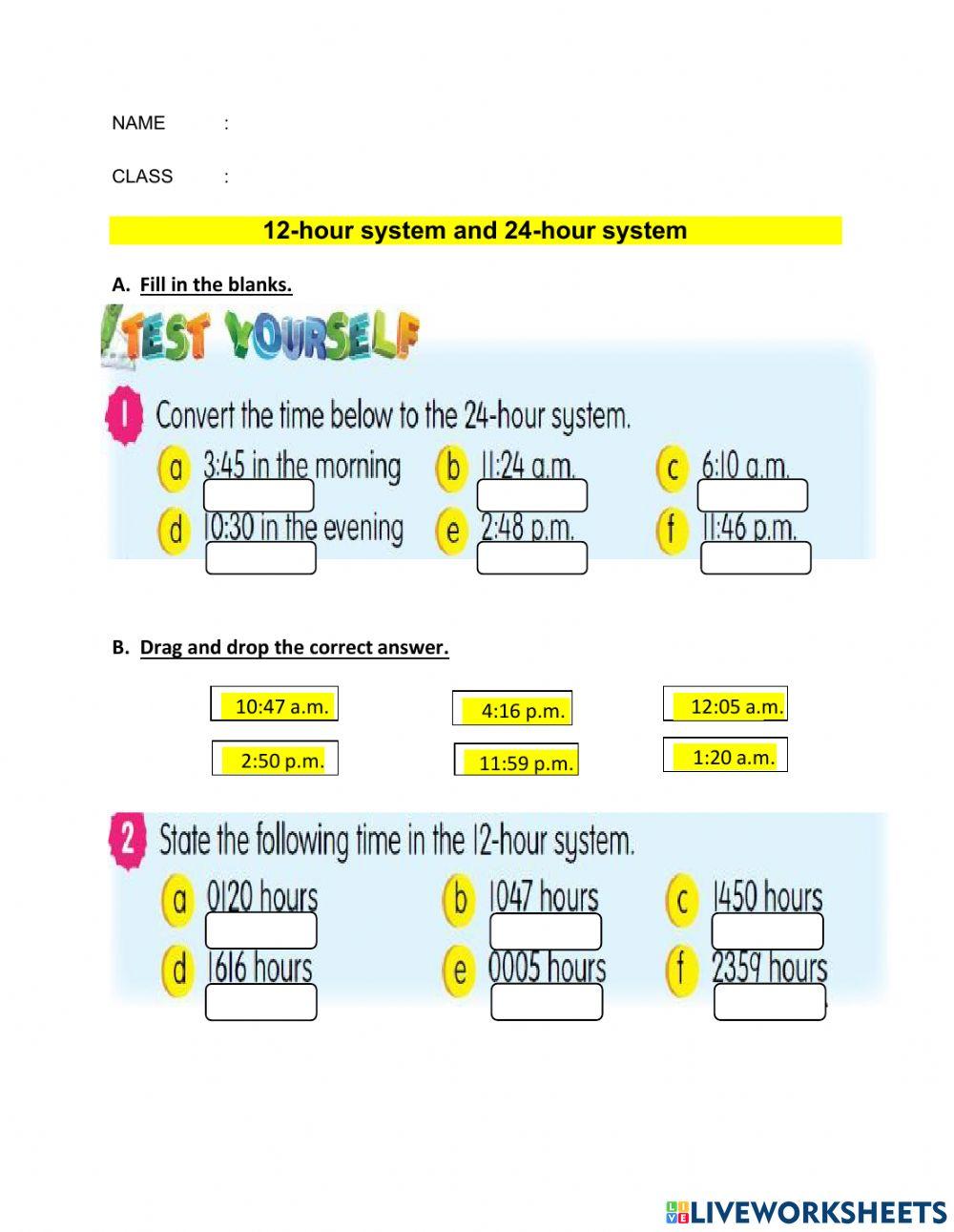 12-HOUR AND 24-HOUR SYSTEMS online exercise for | Live Worksheets