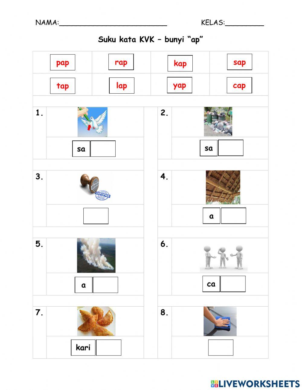 Suku kata kvk bunyi -ap- worksheet | Live Worksheets