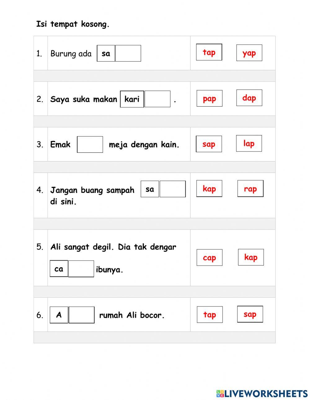 Suku kata kvk bunyi -ap- worksheet | Live Worksheets