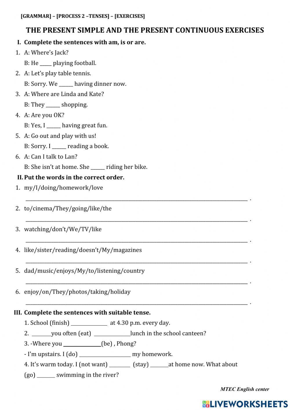 Present Simple vs. Present Continuous online pdf activity for GRAMMAR ...