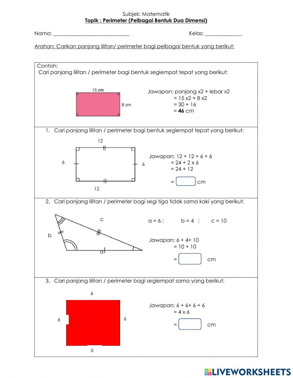Perimeter Pelbagai Bentuk worksheet | Live Worksheets