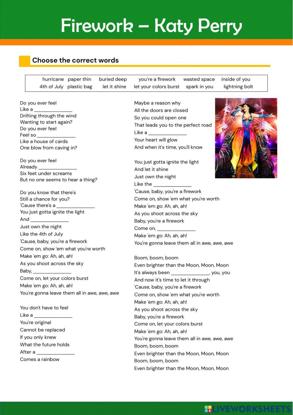 Firework - Katy Perry online exercise for | Live Worksheets
