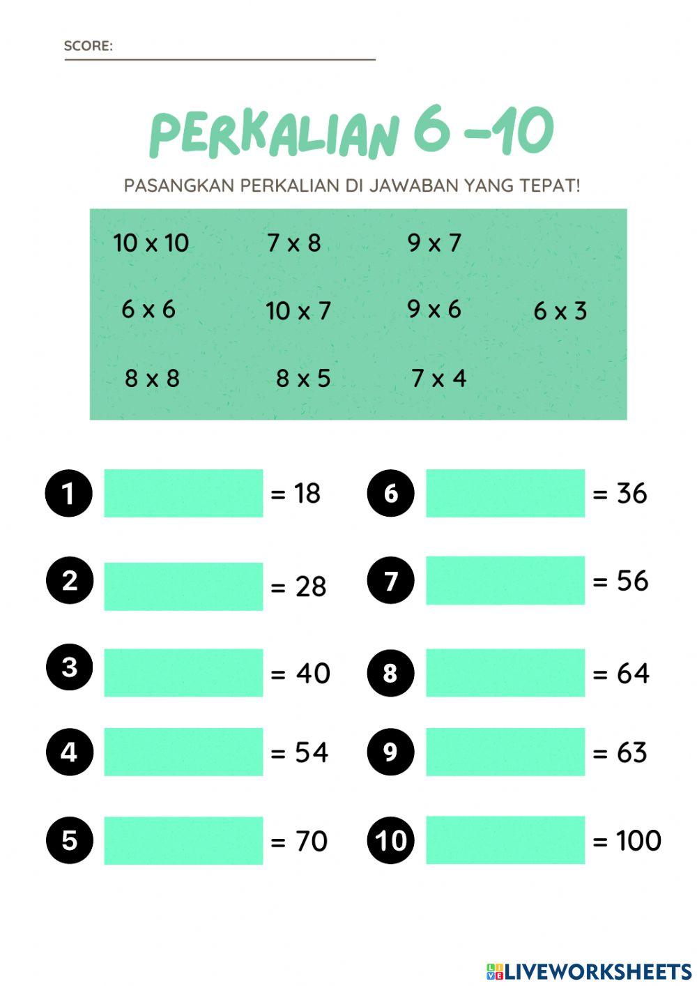 Evaluasi Perkalian 6-10 worksheet | Live Worksheets