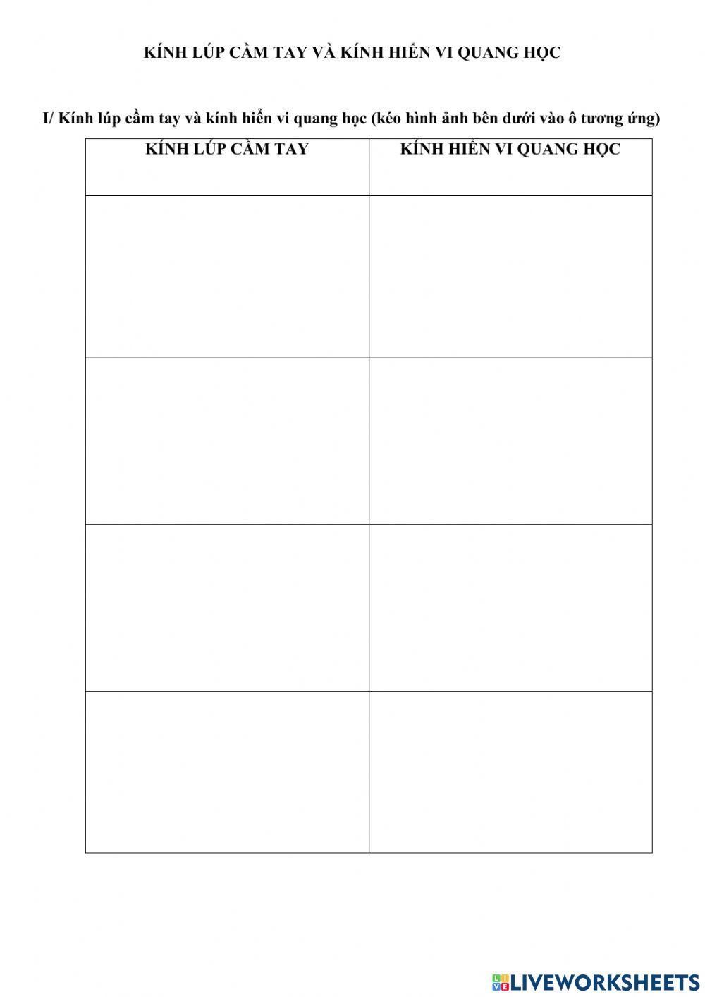 Kính hiển vi quang học và kính lúp cầm tay worksheet | Live Worksheets