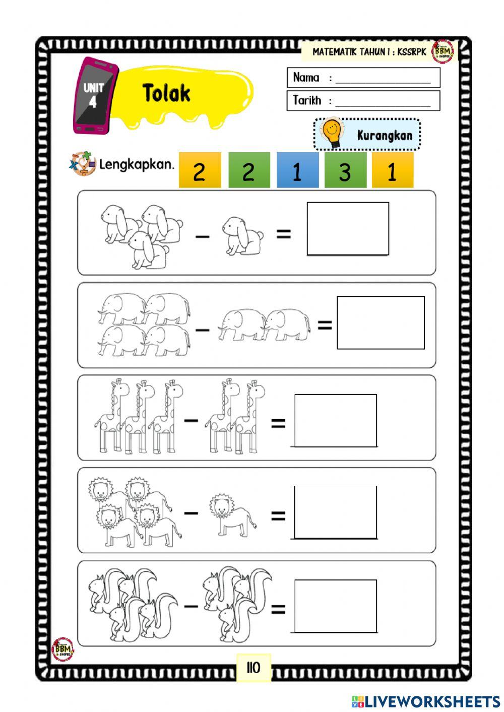 Operasi tolak online exercise for SPEACIAL EDUCATION | Live Worksheets