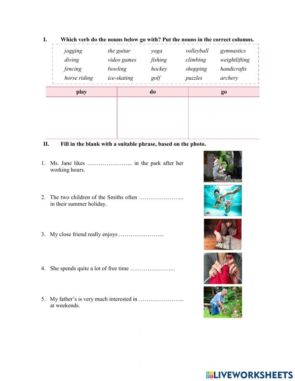 Pdf online exercise: Leisure activities | Live Worksheets