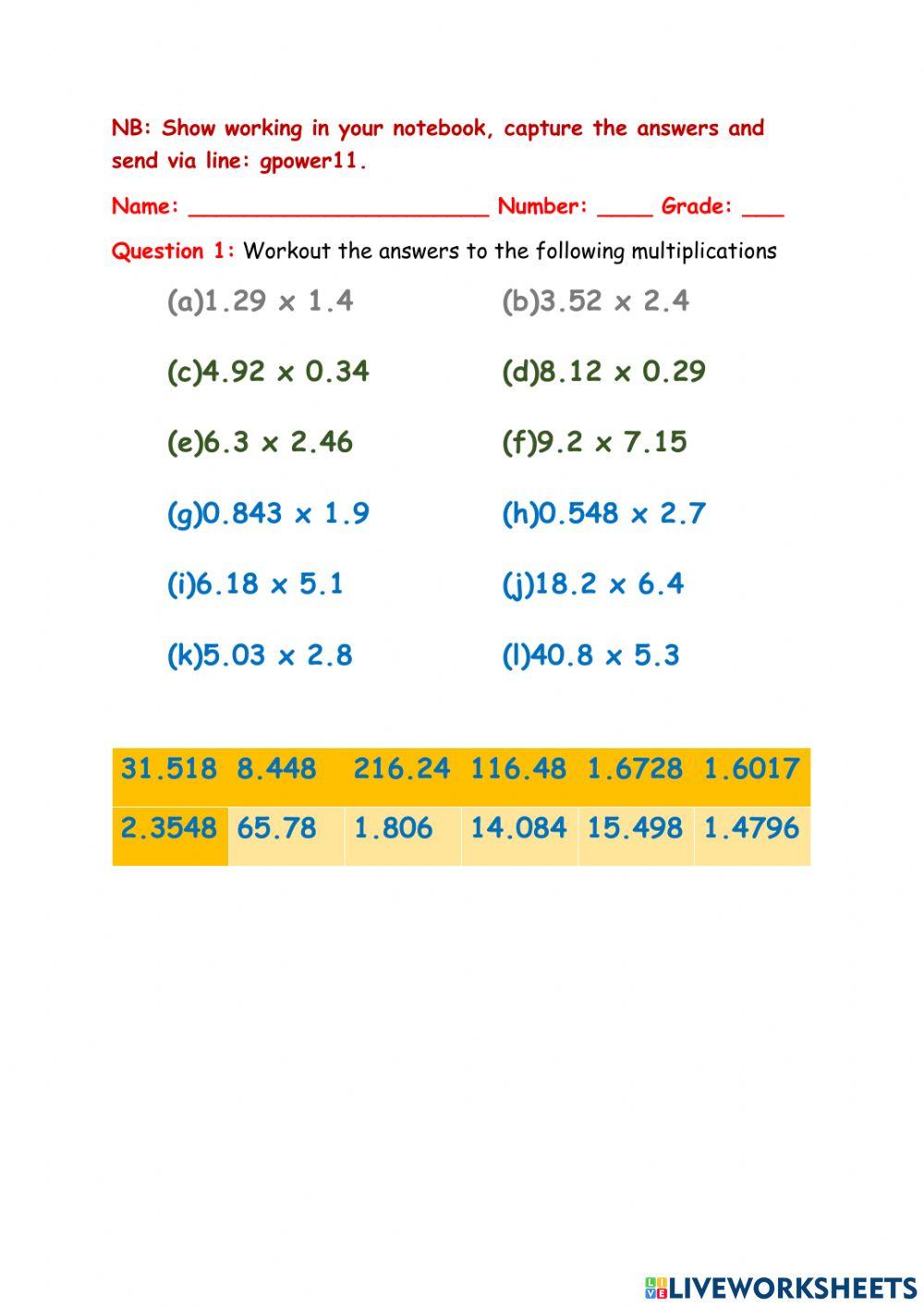 Decimals Worksheets For Grade 6