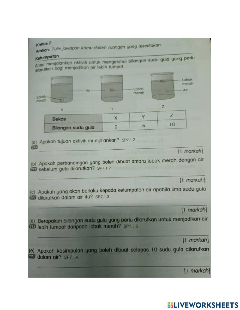 Bab 7 : Ketumpatan worksheet | Live Worksheets