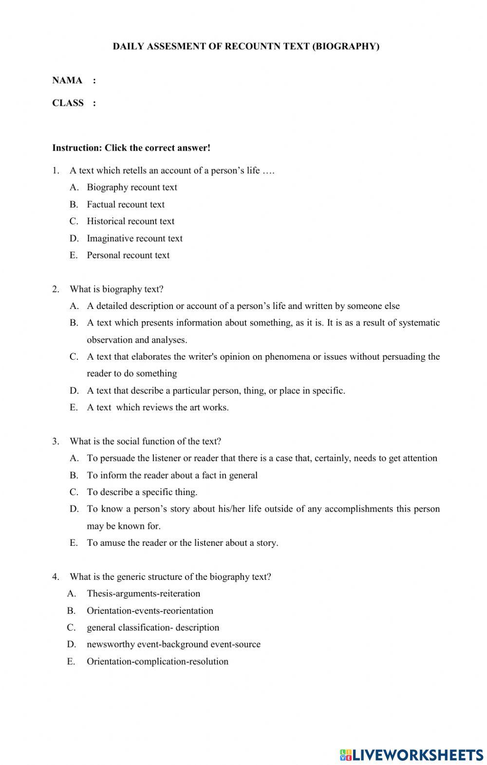 The Daily Assesment Of Recount Text (Biography) online exercise for ...