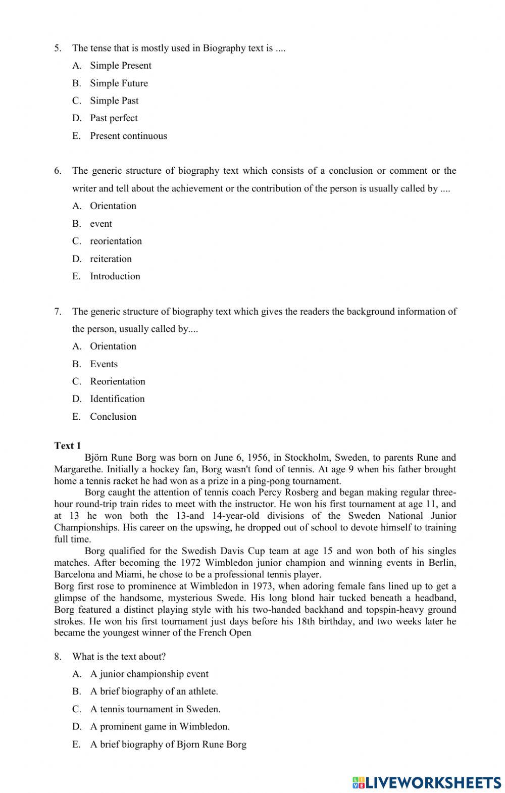 The Daily Assesment Of Recount Text (Biography) online exercise for ...