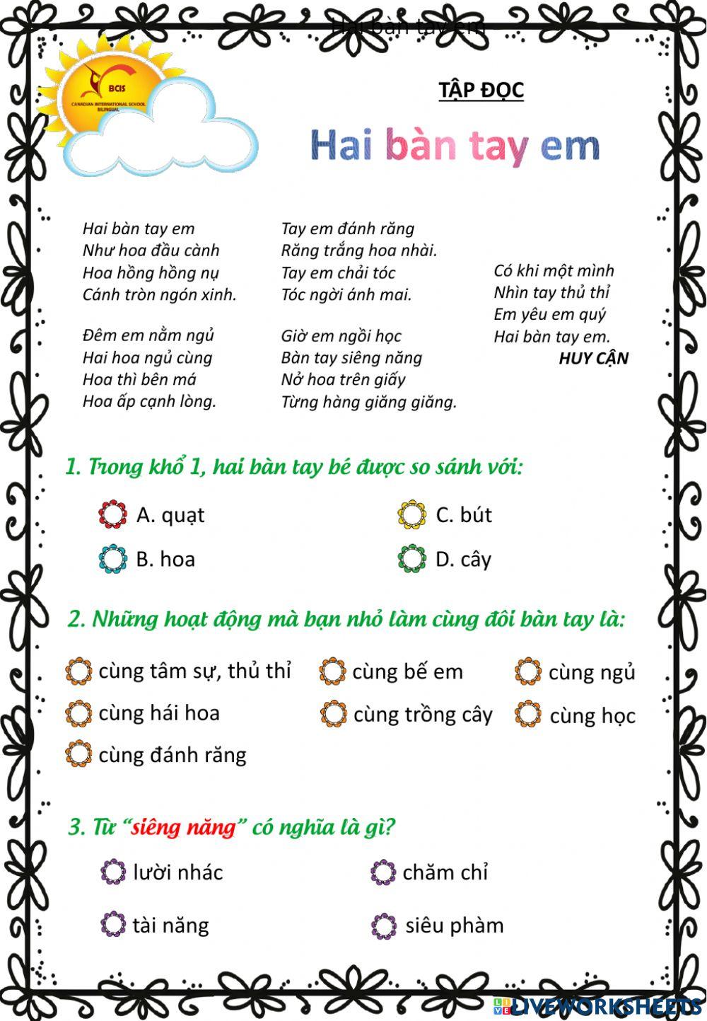 Tập đọc Hai bàn tay em interactive worksheet | Live Worksheets