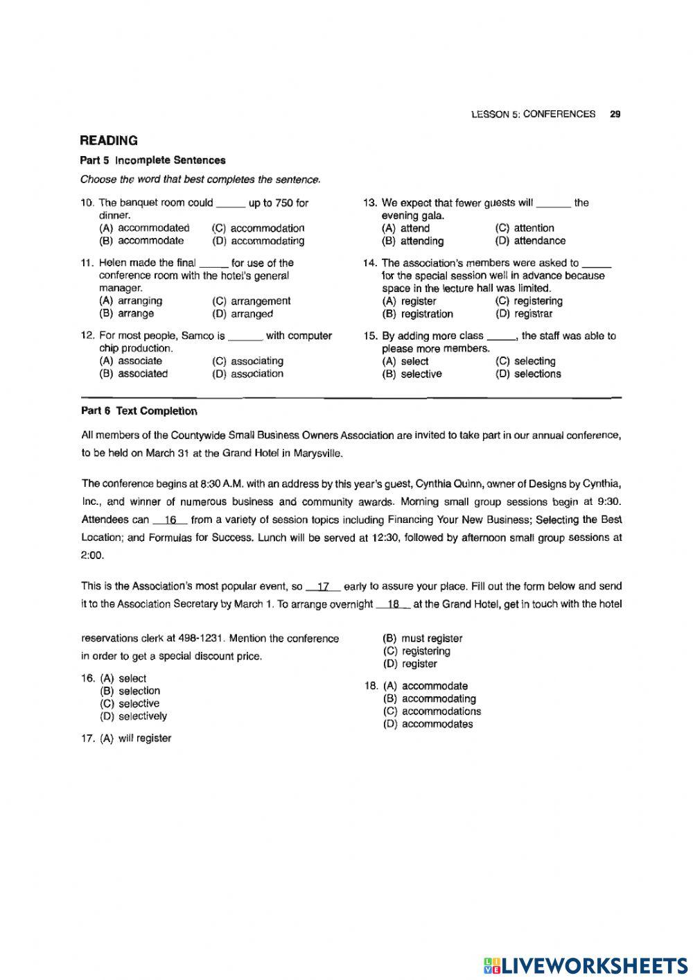 Toeic - Vocab - Unit 5 - Reading Ex worksheet | Live Worksheets