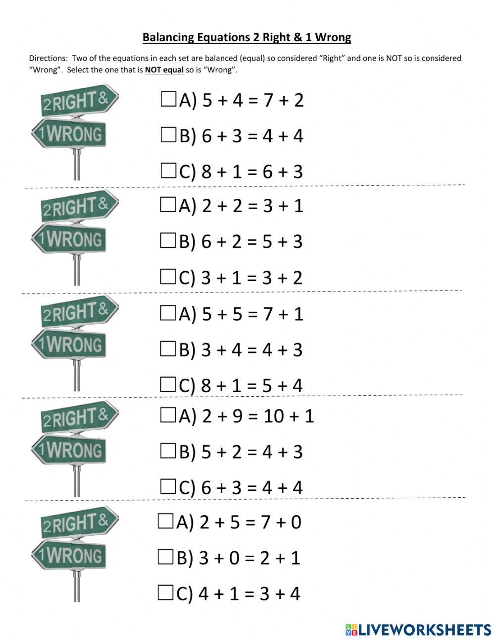 Balancing Equations 2 Right 1 Wrong worksheet | Live Worksheets