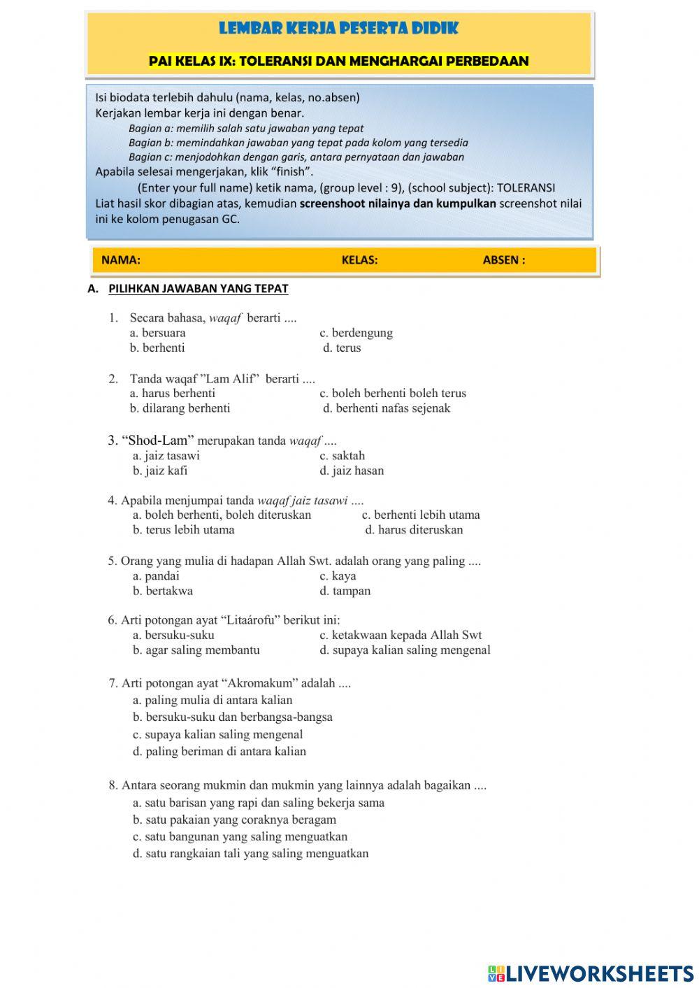 Toleransi berag… | Free Interactive Worksheets | 1361059