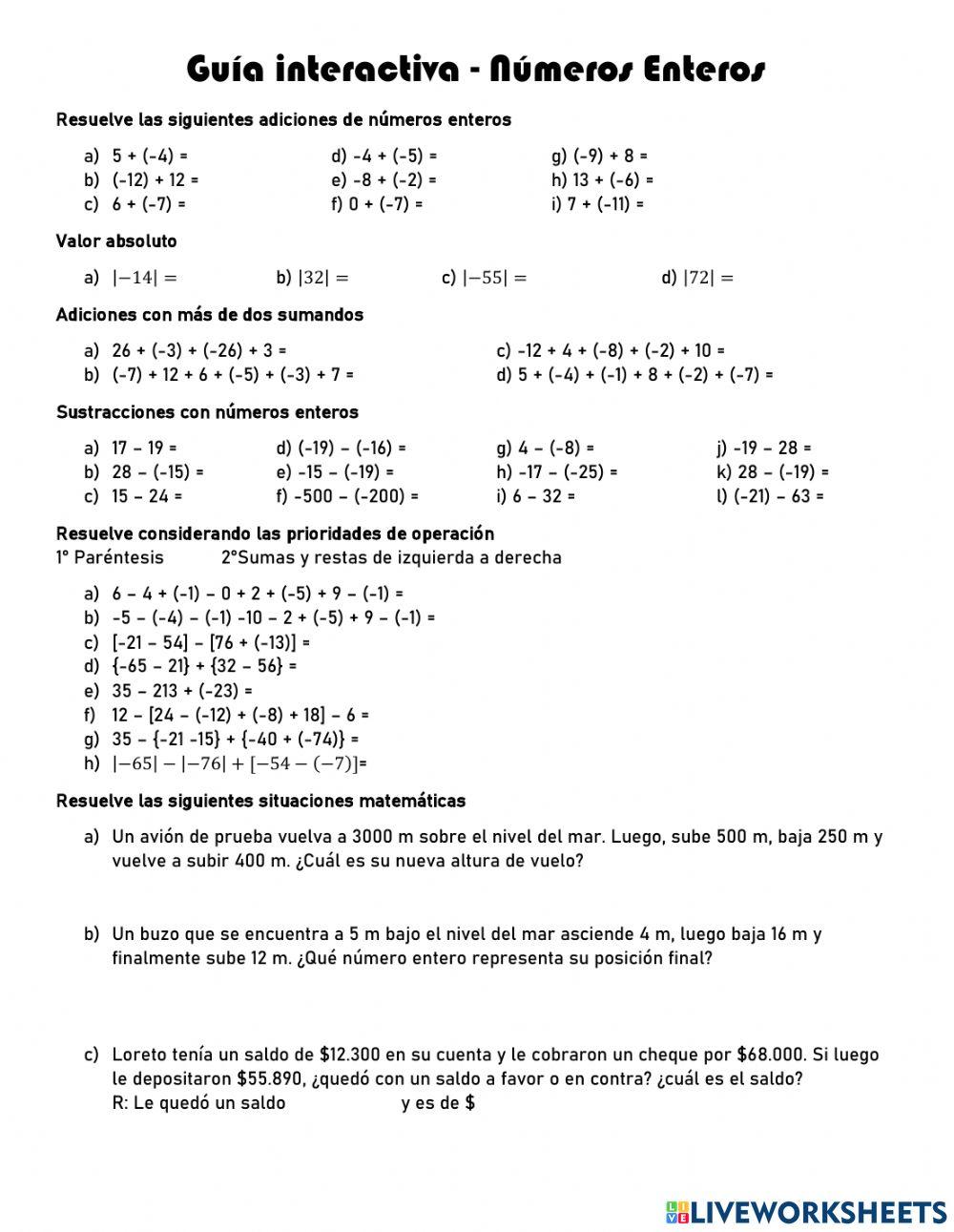 Números enteros | LiveWorksheets | 1361171