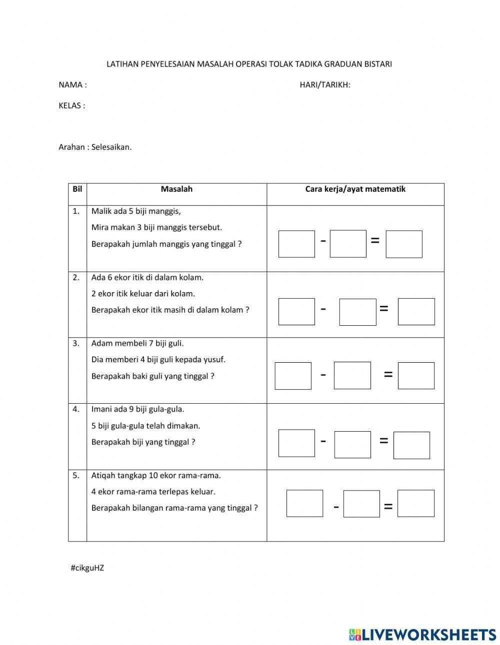 Penyelesaian masalah operasi tolak interactive worksheet | Live Worksheets