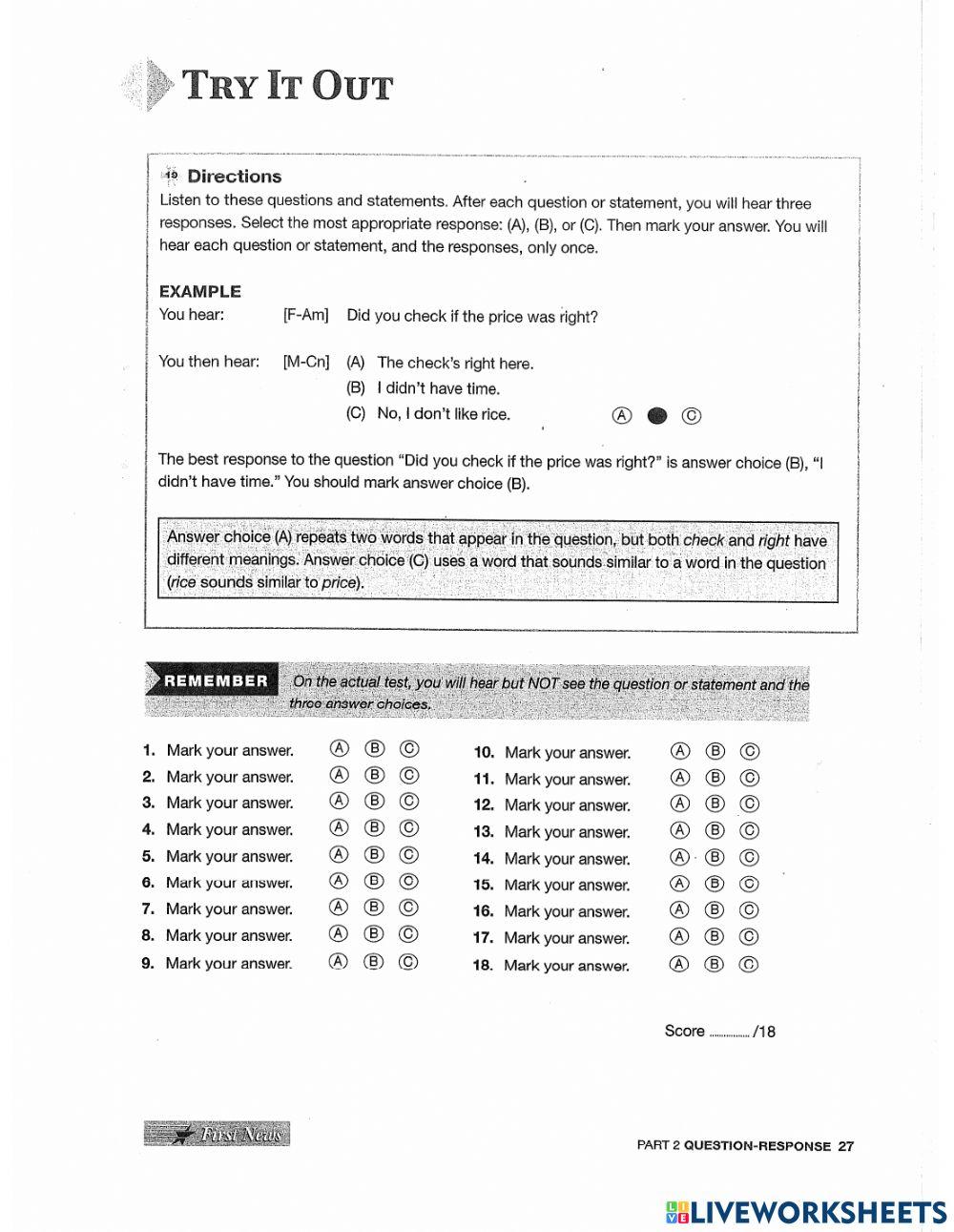 Toeic part 2-tr… | Free Interactive Worksheets | 1380920
