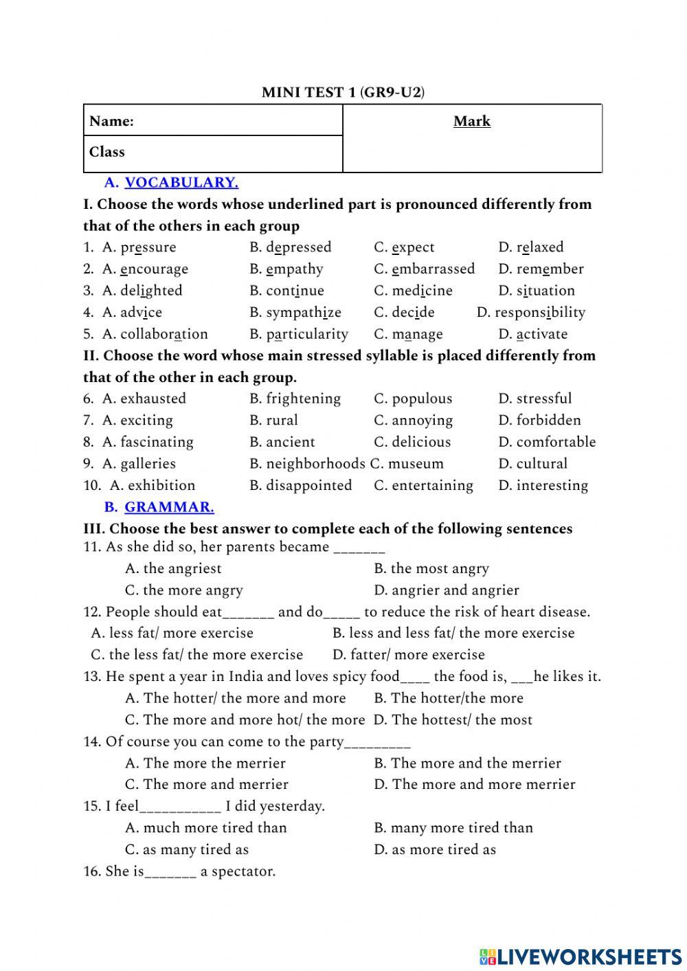 Mini test 1 g9-u2 worksheet | Live Worksheets