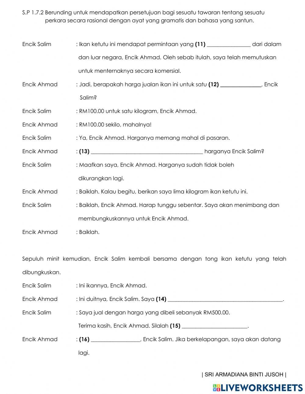 S.p 1.7.2 BERUNDING UNTUK BERSETUJU DENGAN TAWARAN worksheet | Live ...